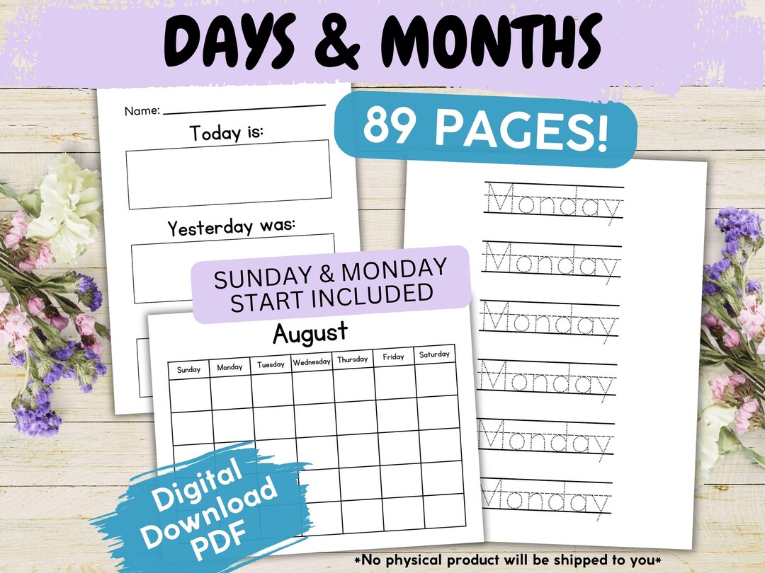 Days and Months Practice Worksheets for Kids, Printable Days of the ...