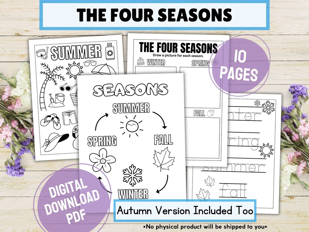 Four Seasons Printable Coloring Activity for Kids, Tracing and Cutting ...