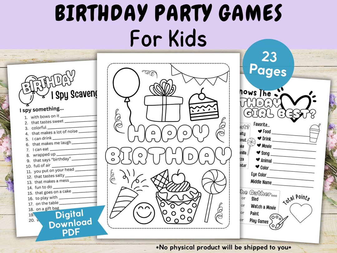 Printable Birthday Party Games Bundle for Kids, Happy Birthday Coloring ...