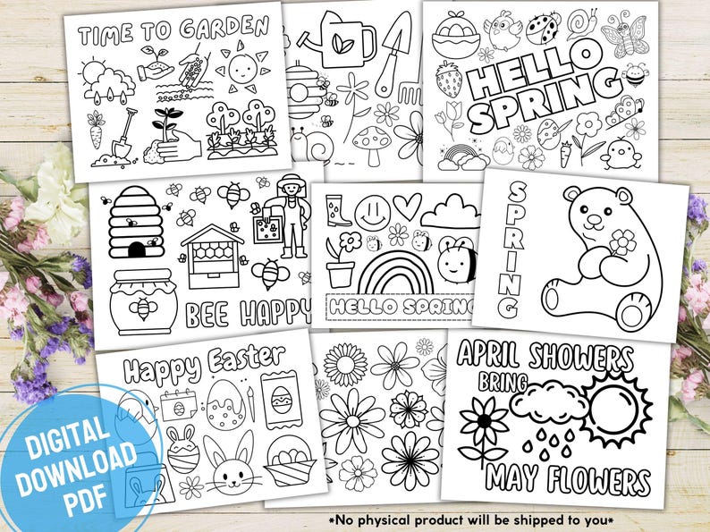 Spring Themed Printable Coloring Pages for Kids, Springtime Digital PDF ...