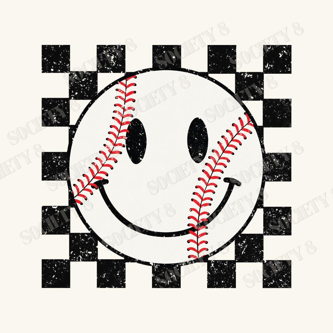 2 Baseball Smiley Face PNG, Retro Grunge Checkered Baseball Sublimation ...
