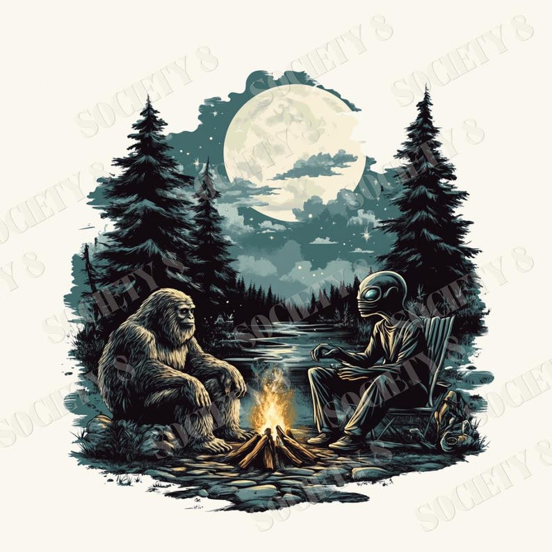 Bigfoot and Alien Campfire Art Funny Cryptid Digital Download ...