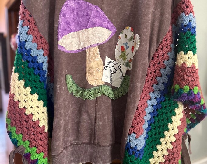 Upcycled Blanket Afghan Sweatshirt Poncho: Mushroom Patchwork; One Size ...