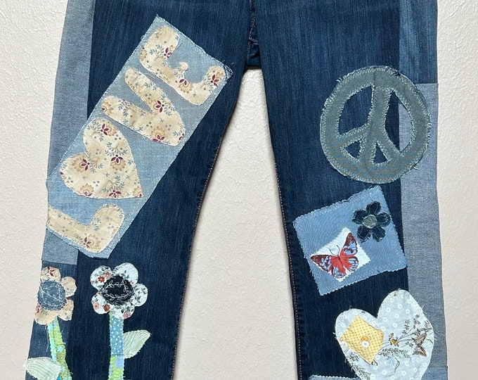 Womens Size 12/14 Boho Upcycled Jeans Denim Patchwork on Sides Peace ...