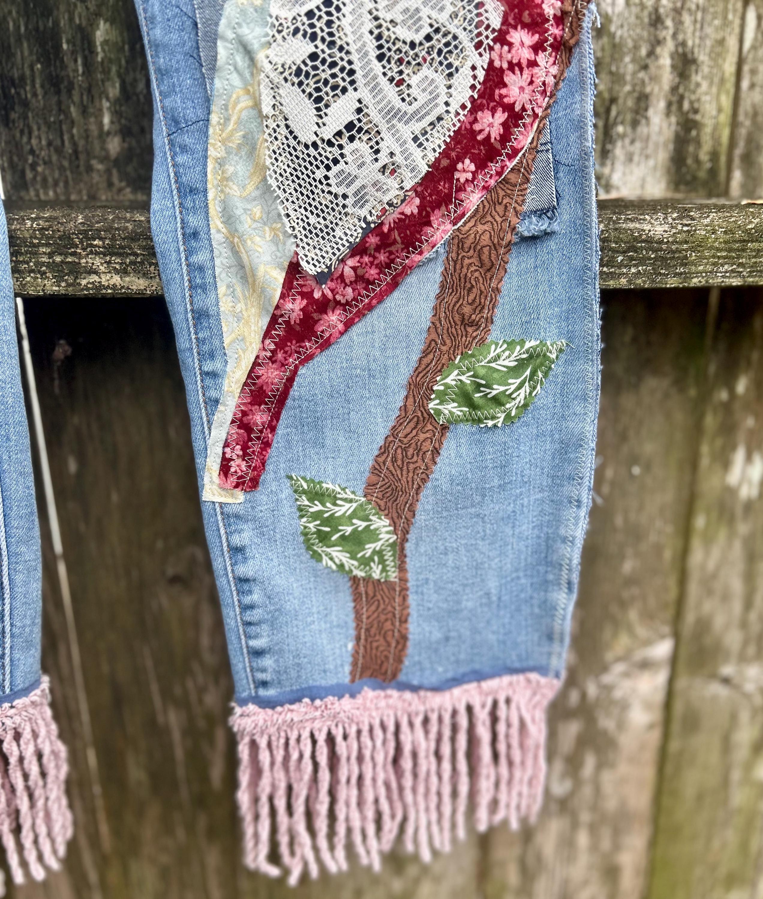 Upcycled Patchwork Denim Jeans: Bird Appliqué, Chenille Trim, Size 14M ...