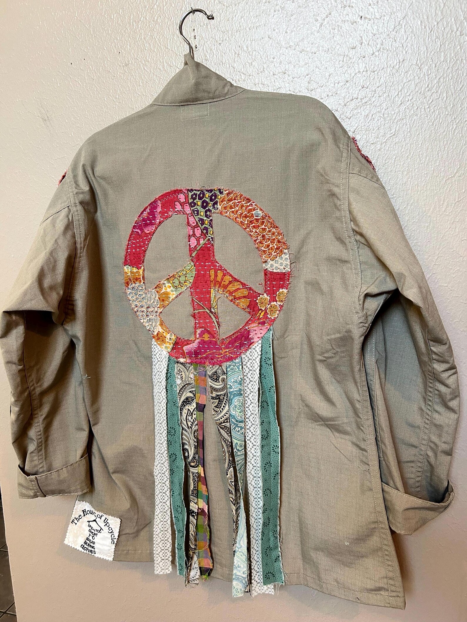 Upcycled Khaki Shirt Jacket: Patchwork Peace Sign, Kantha Fabric - Size ...