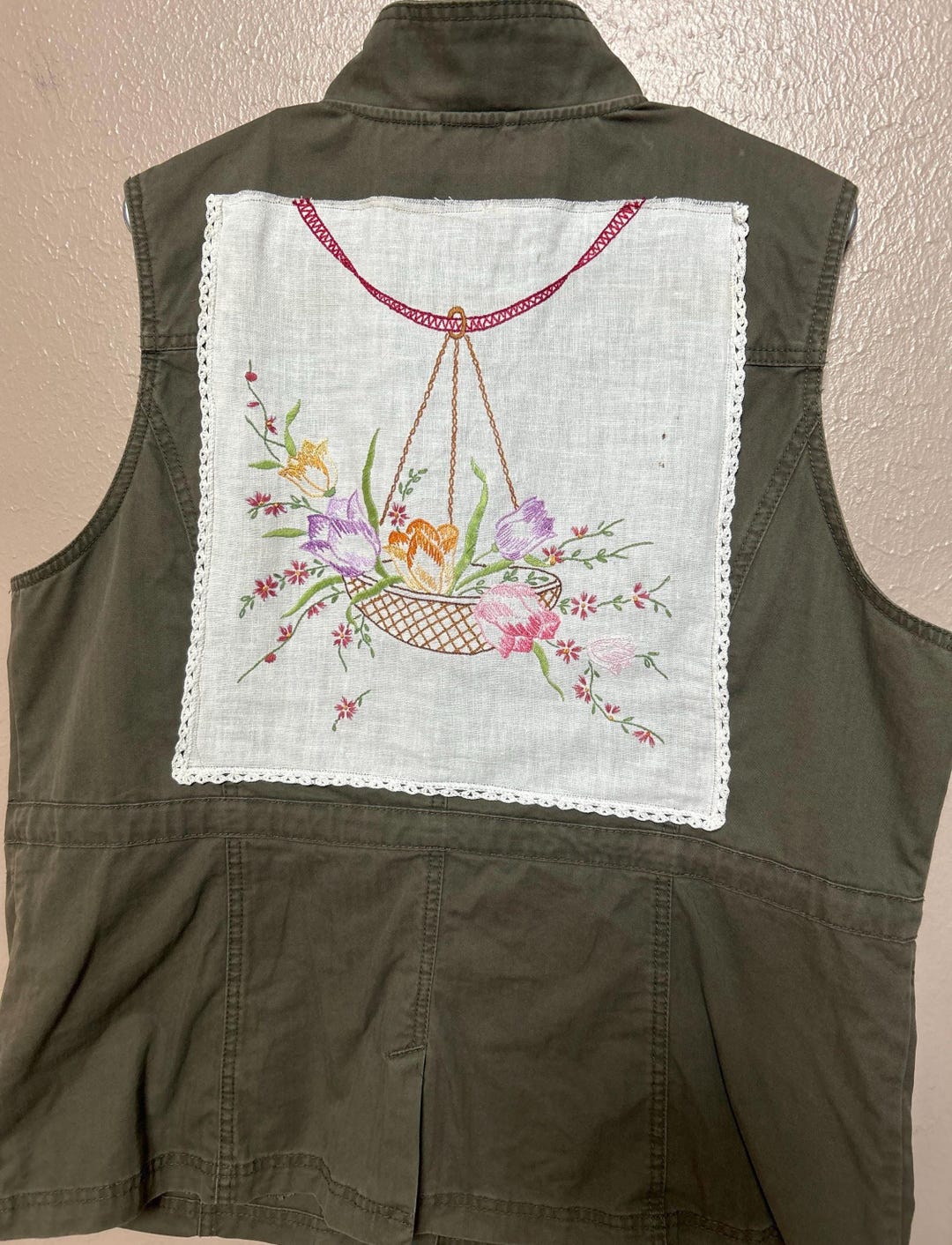 Women’s XXL Upcycled Vest Vintage Embroidered Flower Applique Lace ...