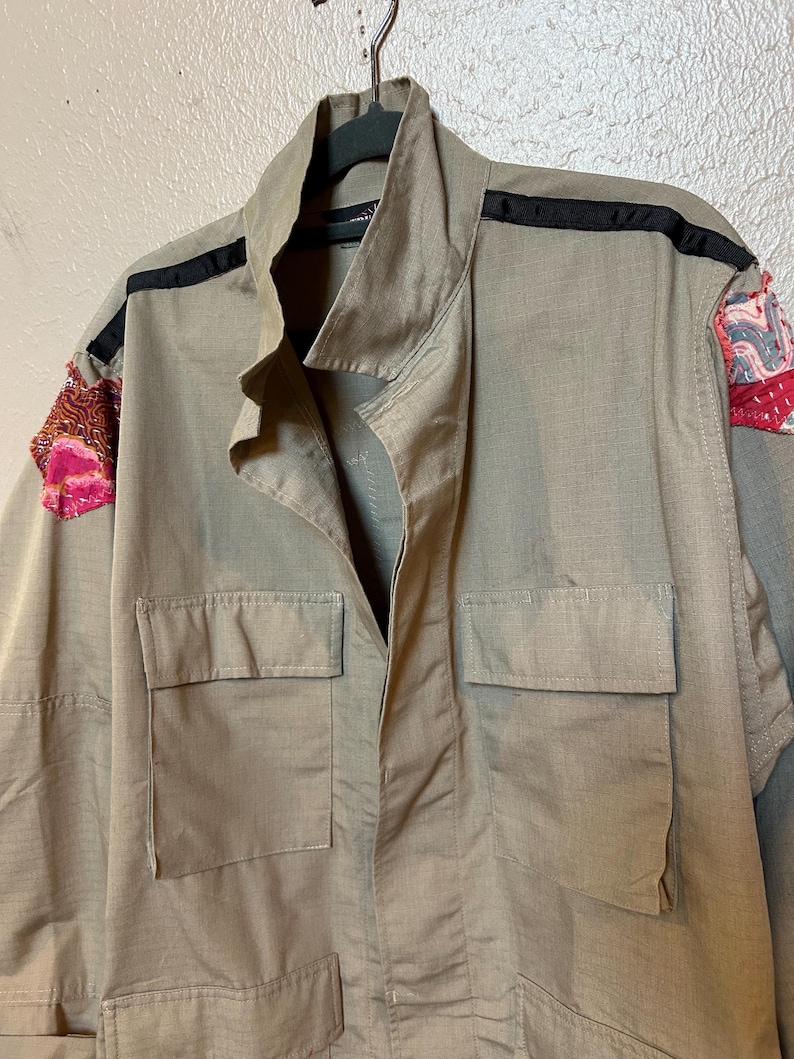 Upcycled Khaki Shirt Jacket: Patchwork Peace Sign, Kantha Fabric - Size ...