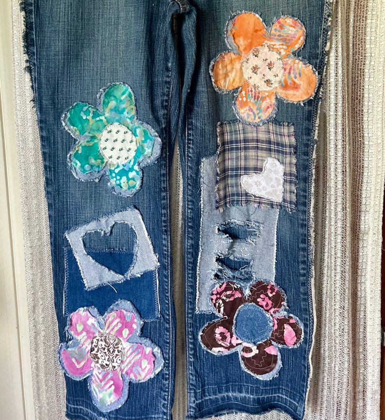 Womens Boho Hippie Upcycled Jeans Denim and Flower Patchwork Festival ...