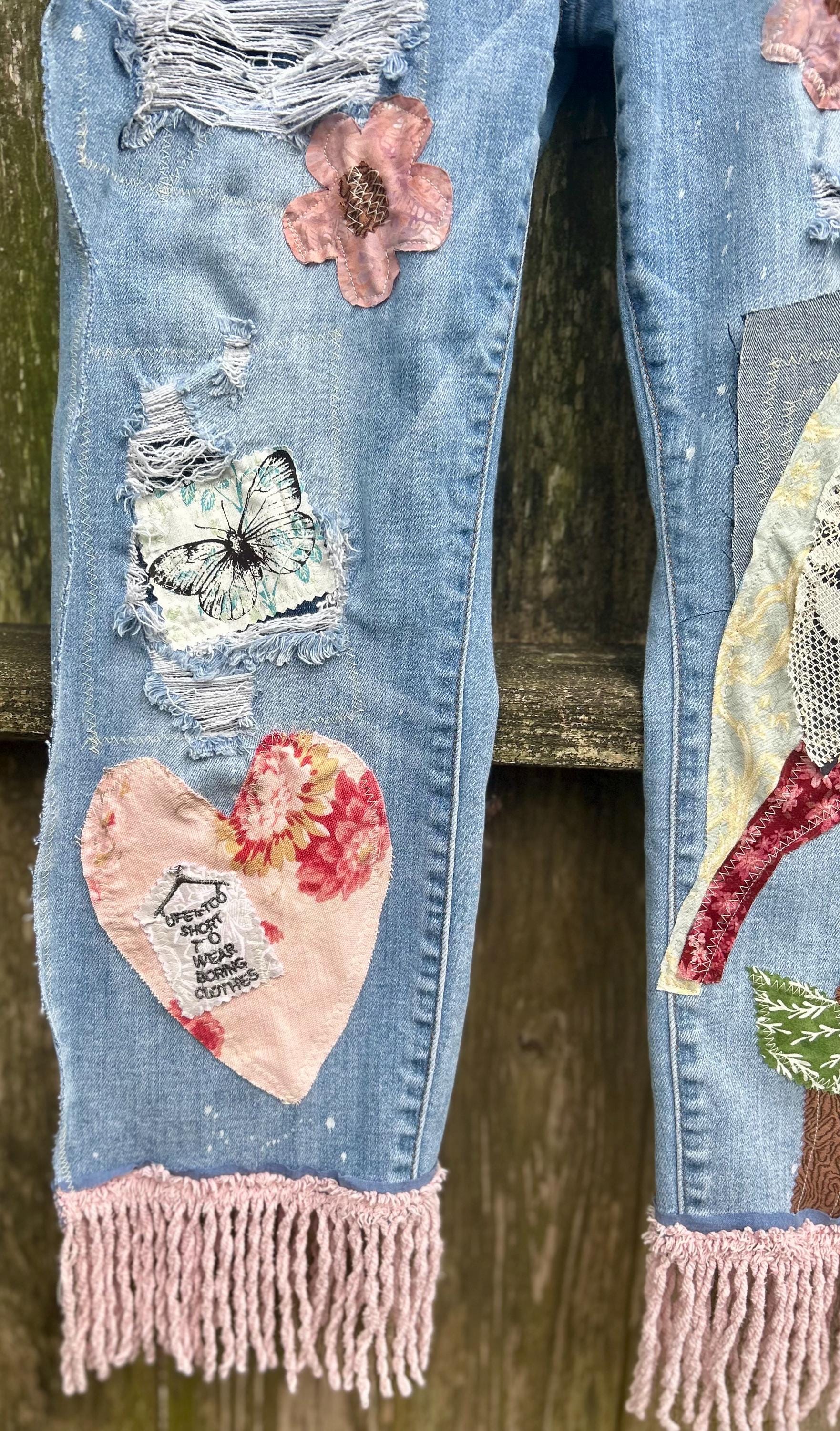 Upcycled Patchwork Denim Jeans: Bird Appliqué, Chenille Trim, Size 14M ...