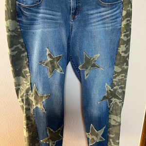 Women's Boho Camo Panel Upcycled Jeans Star Appliqués Stitched ...