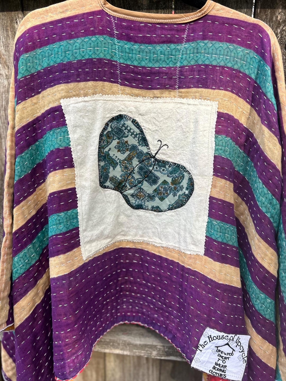 Upcycled Kantha Reversible Kimono Jacket; Butterfly Patchwork, One Size ...
