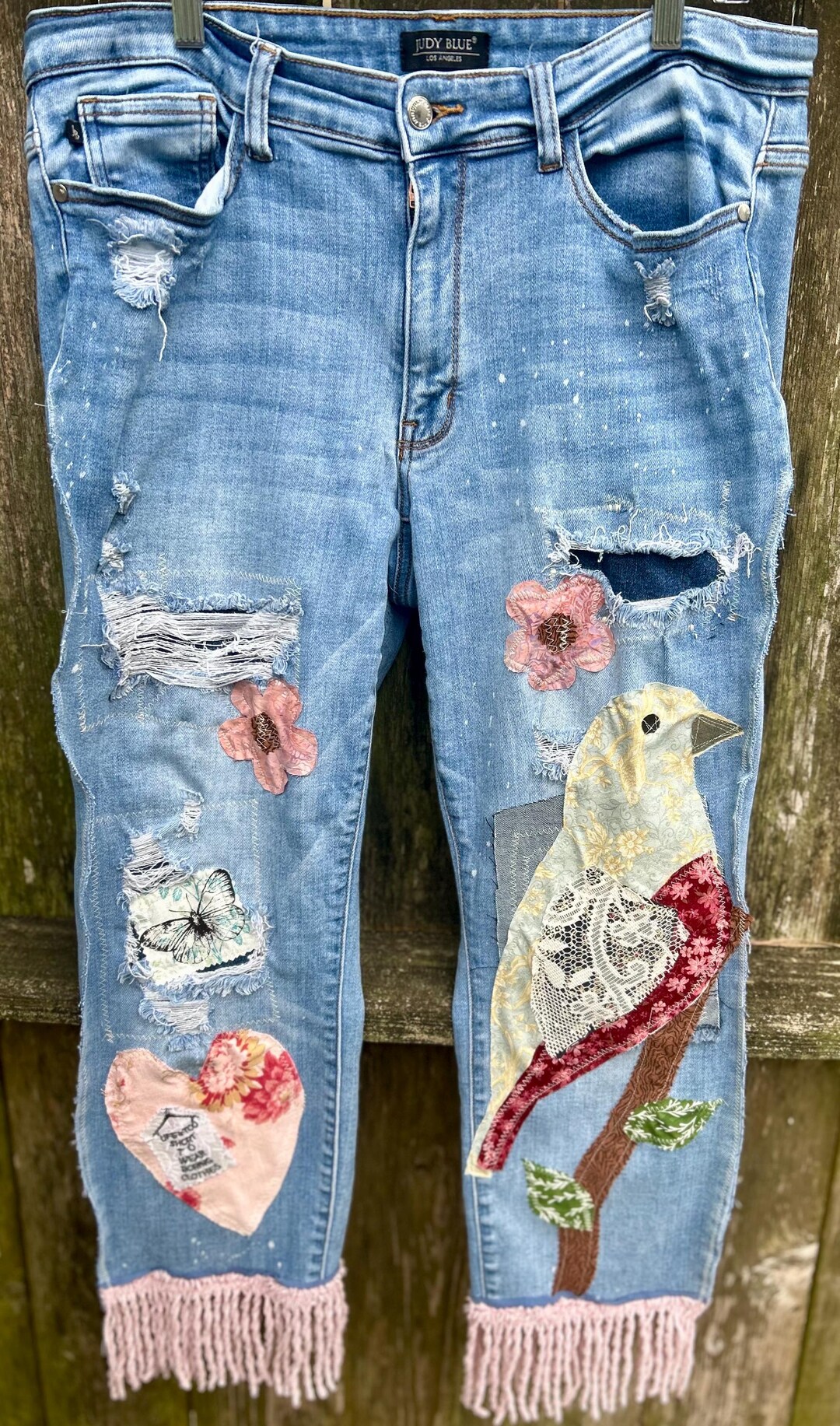 Upcycled Patchwork Denim Jeans: Bird Appliqué, Chenille Trim, Size 14M ...