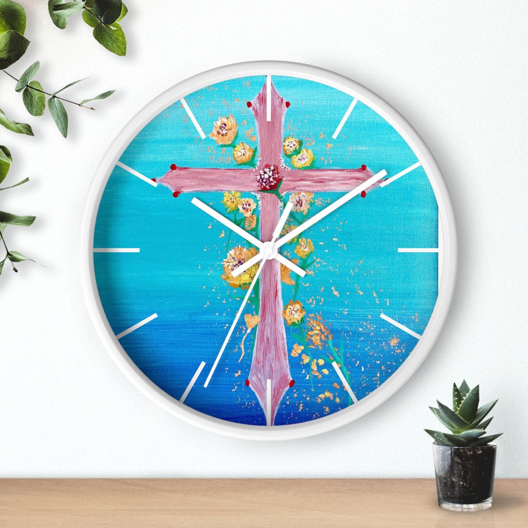 Christian Cross Wall Clock, Original Floral Painting, 10-inch - Etsy