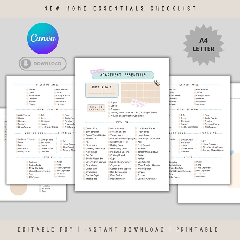 First Apartment Checklist Printable, Editable, Canva Template, Instant ...