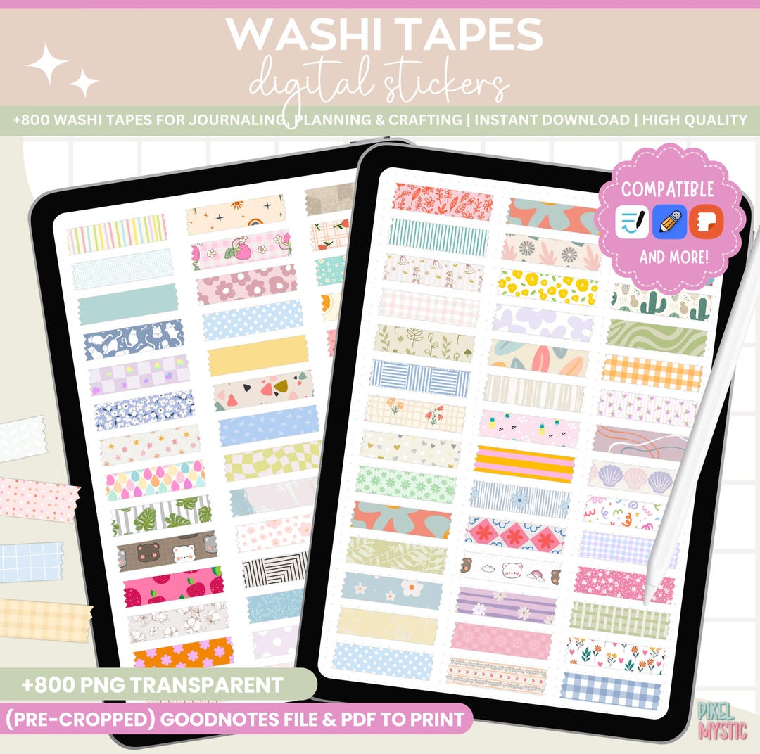 800+ Digital Washi Tape Stickers: Goodnotes Planner, Scrapbook (PNG ...