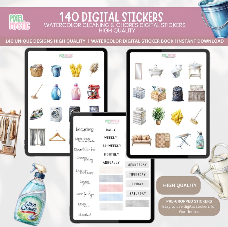 Cleaning Digital Stickers: Chores Planner, 140 PNG Graphics (printable ...