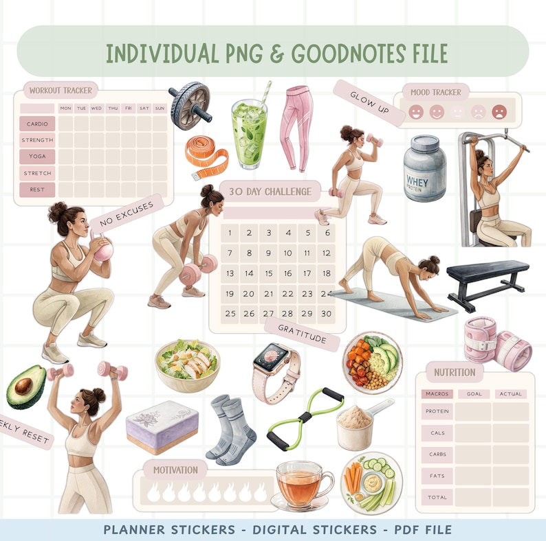 Fitness Digital Stickers, Self Care Digital Stickers, Gym Girl Digital ...