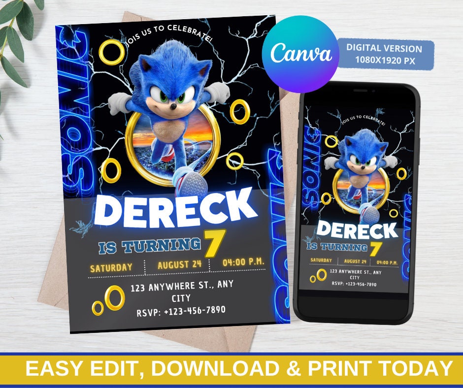 Sonic Birthday Invitation, Super Hedgehog Boys Party Invite, Sonic the ...