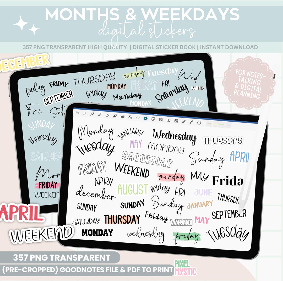 Months & Weekdays Digital Stickers: Goodnotes Planner (pre-cropped PNG ...