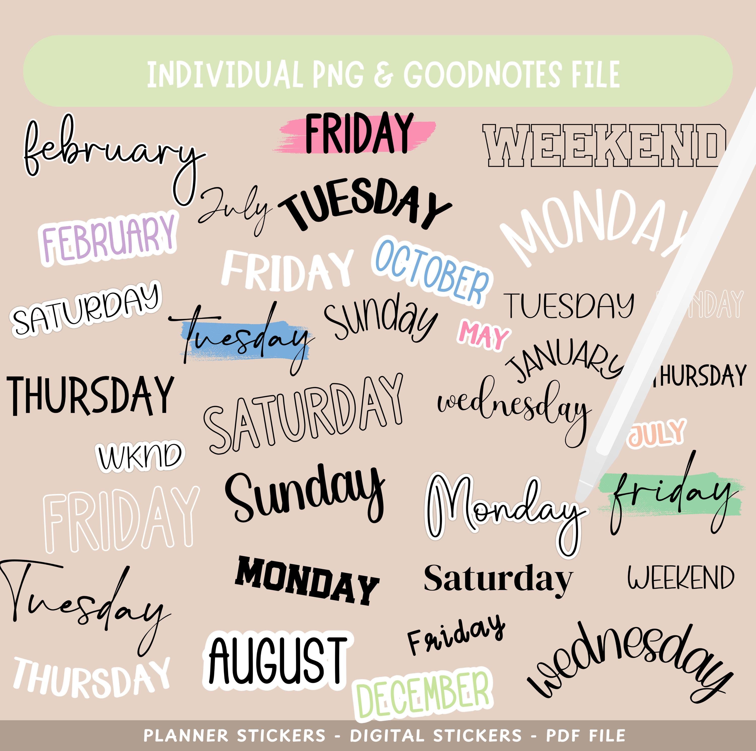 Months & Weekdays Digital Stickers: Goodnotes Planner (pre-cropped PNG ...