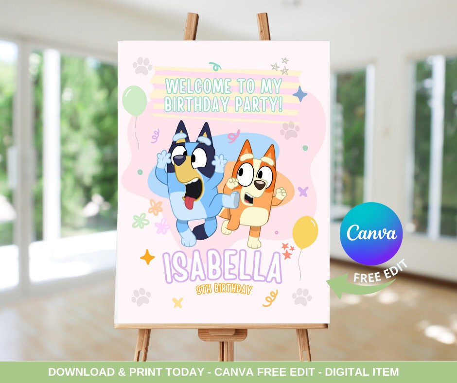 Editable Bluey Welcome Sign for Girl, Editable Blue Dog Birthday ...