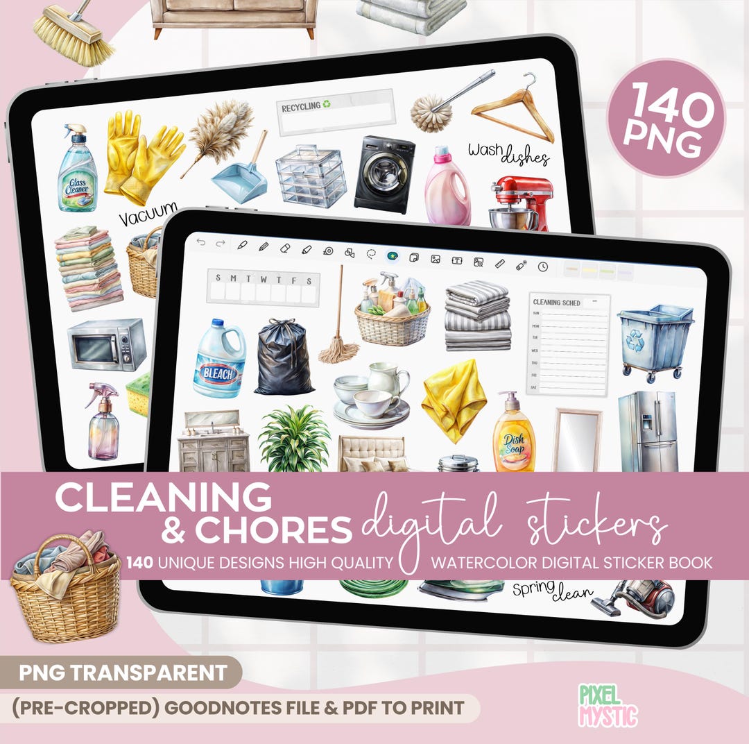Cleaning Digital Stickers: Chores Planner, 140 PNG Graphics (printable ...