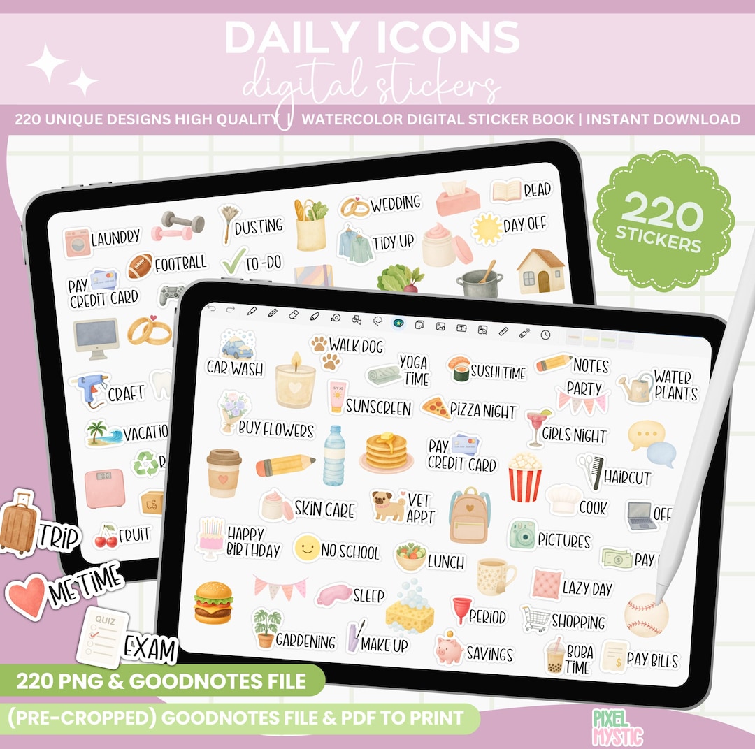 Daily Icons Digital Stickers: Watercolor Planner Stickers PDF ...