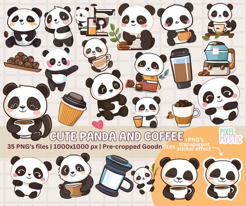Kawaii Panda and Coffee PNG, Panda Stickers Download PNG, Functional ...