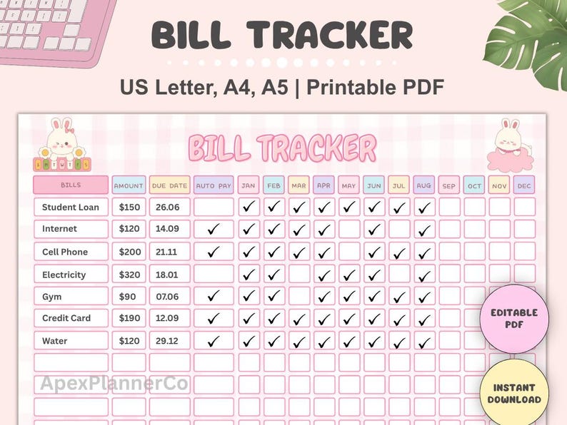 Editable Yearly Bill Payment Tracker: Printable Bill and Expense ...