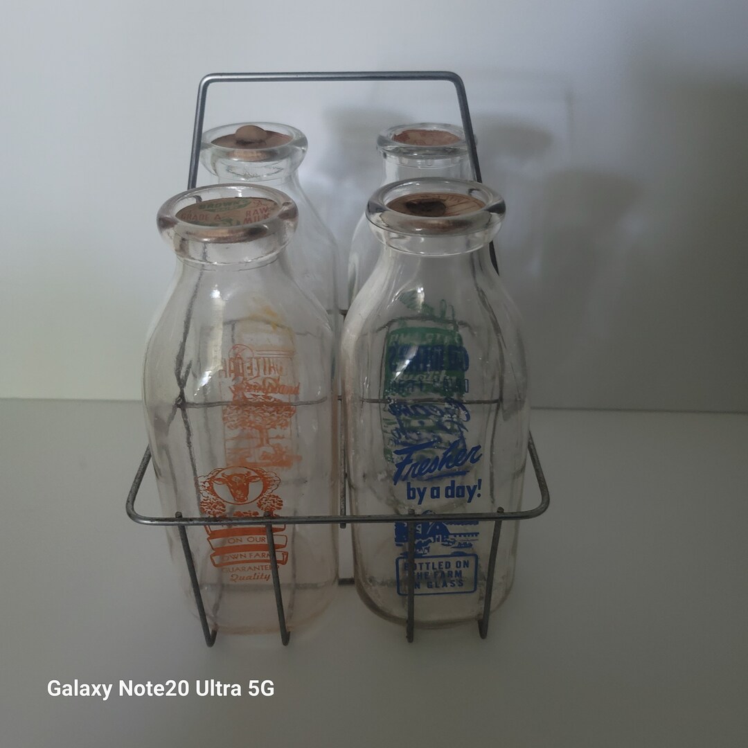 Set of 4 Vintage Square Milk Bottles With Cardboard Caps and Carrier - Etsy