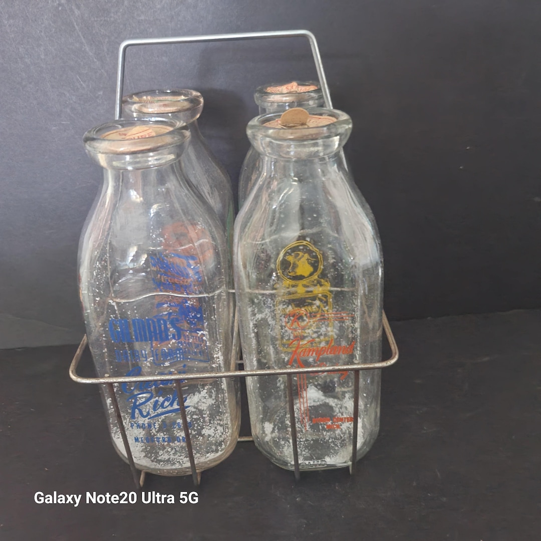 Set of 4 Vintage Square Milk Bottles With Cardboard Caps and Carrier - Etsy