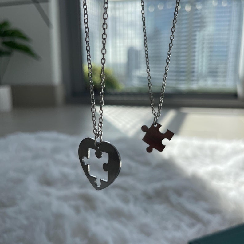 Heart Puzzle Pendant Necklace Set, Matching Stainless Steel Friendship ...