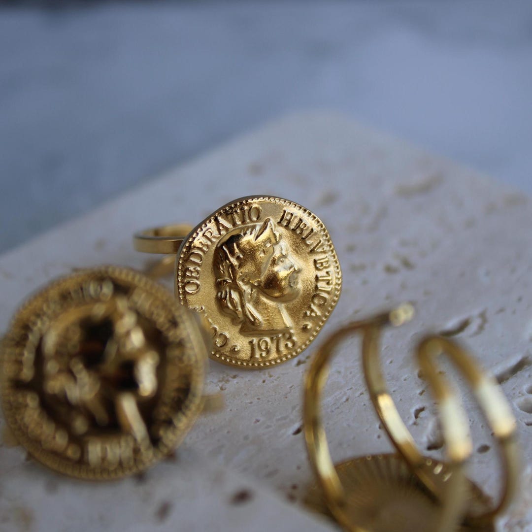 Gold Queen Elizabeth Coin Ring, Stainless Steel Adjustable Statement ...