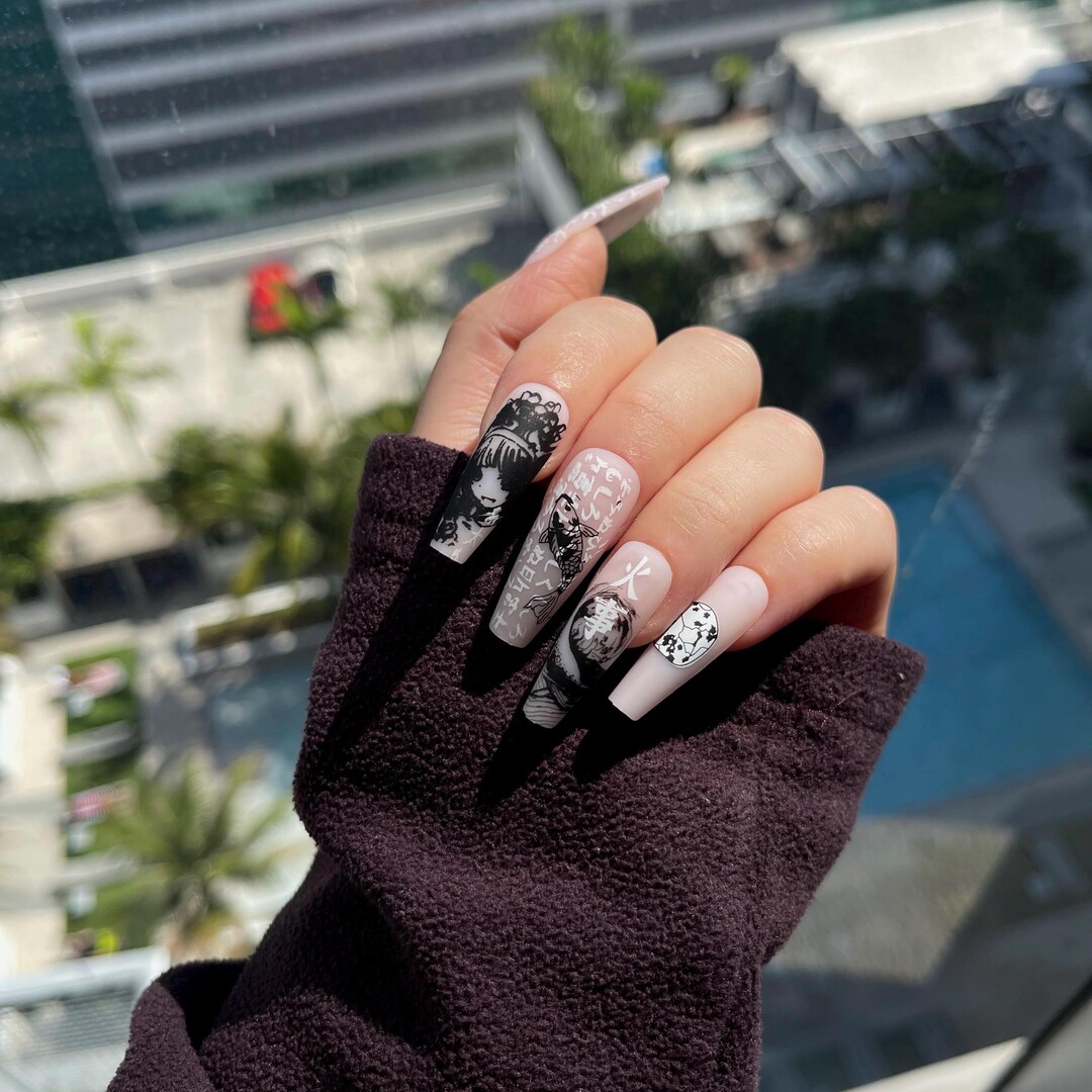 Fisherman Core Nails, Long Coffin Press-on Nails | Black & White ...