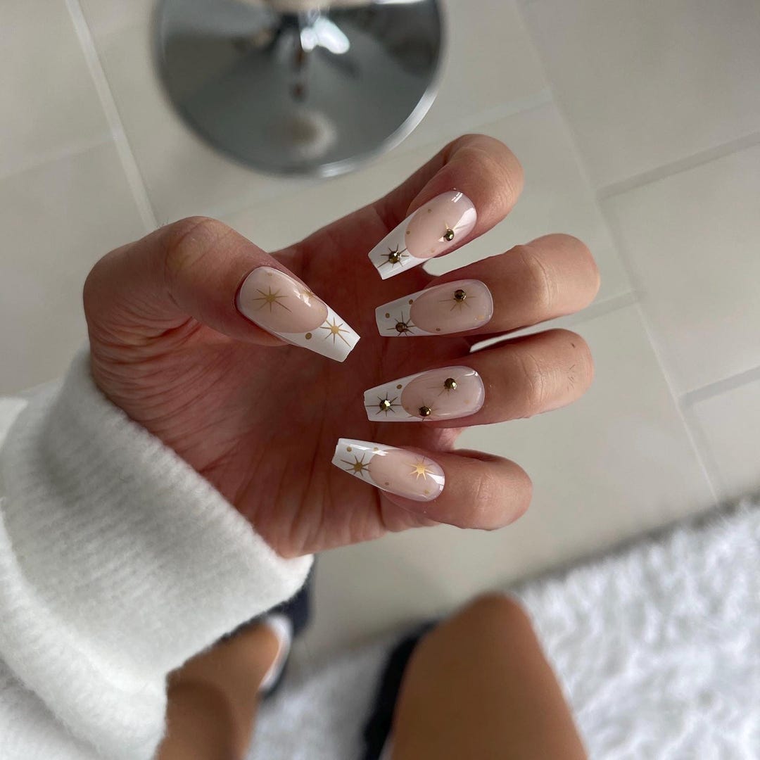 Elegant Gold Star French Tip Press-on Nails | Celestial Nude Nail ...