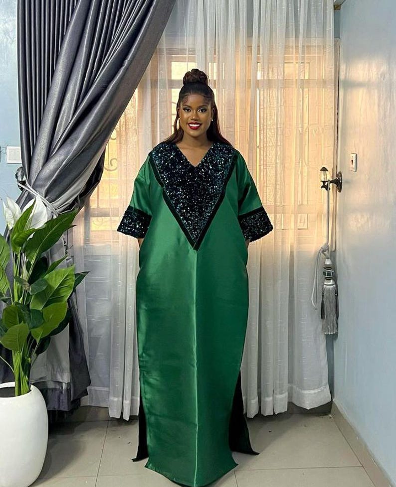 Bubu Dress, Mikado Silk Bubu With Velvet Sequin Neckline Design Maxi ...