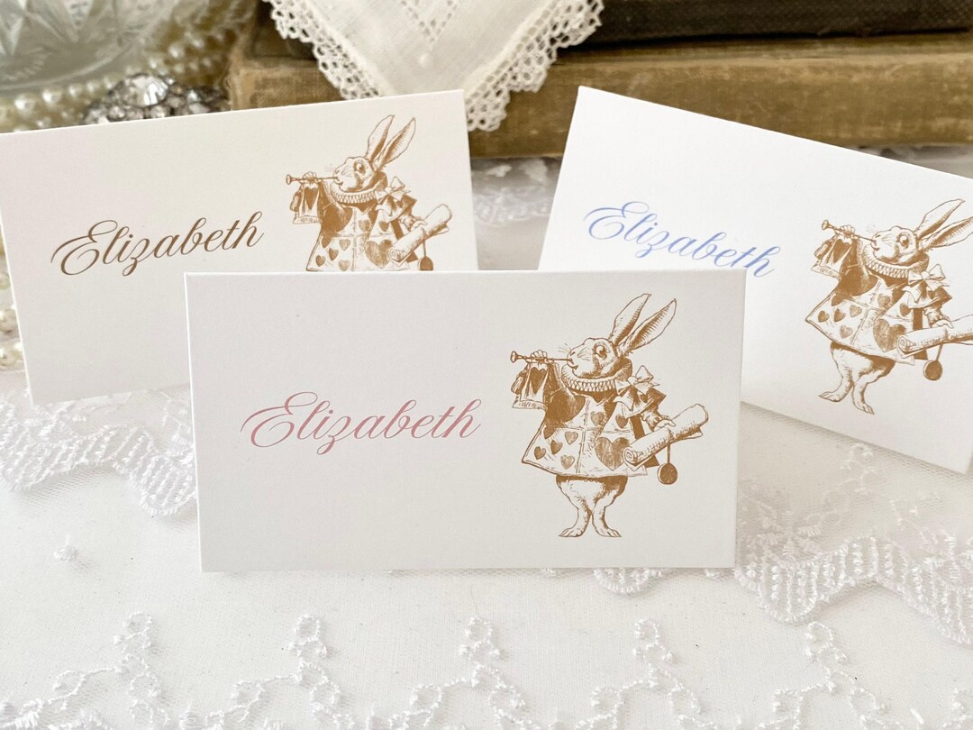 Printed White Rabbit Place Cards, Folded Tented Alice in Wonderland ...