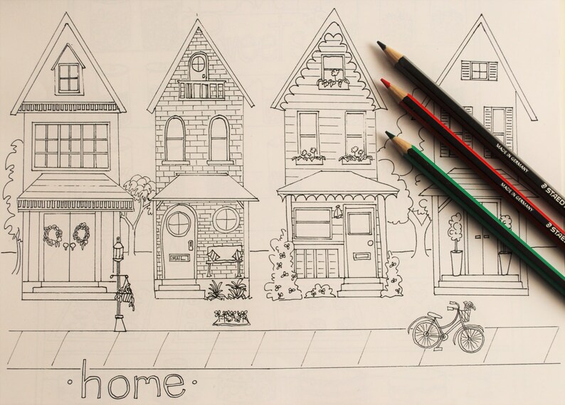 Home Sweet Home Row of Houses Coloring Page - Printable Neighborhood - Etsy