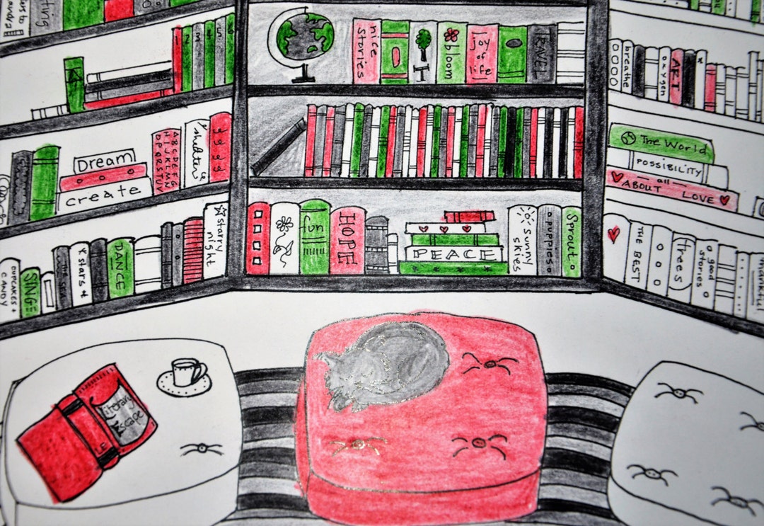 Literary Escape Adult Coloring Page - Cozy Library of Books to Print ...