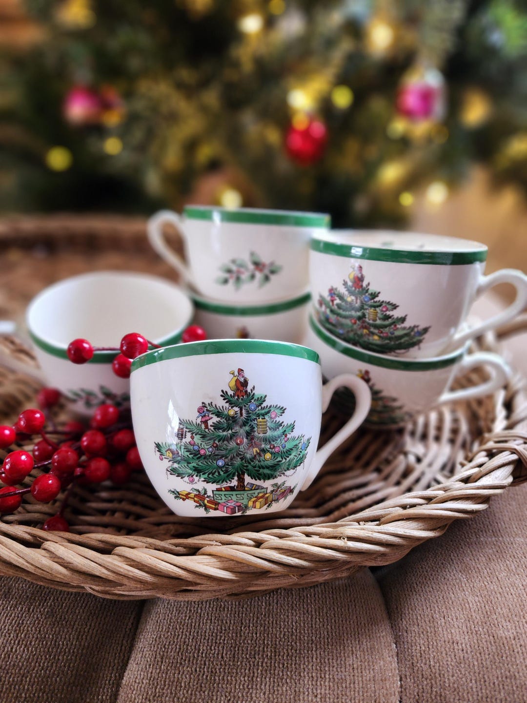 Set of 6 Vintage Christmas Tree Pattern Teacups With Crazing - Etsy