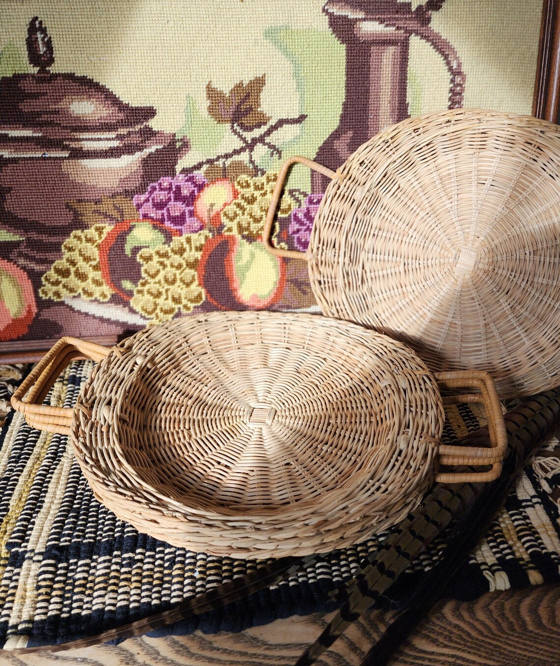 Set of 4 Vintage Wicker Plate Holders/tray With Handles - Etsy