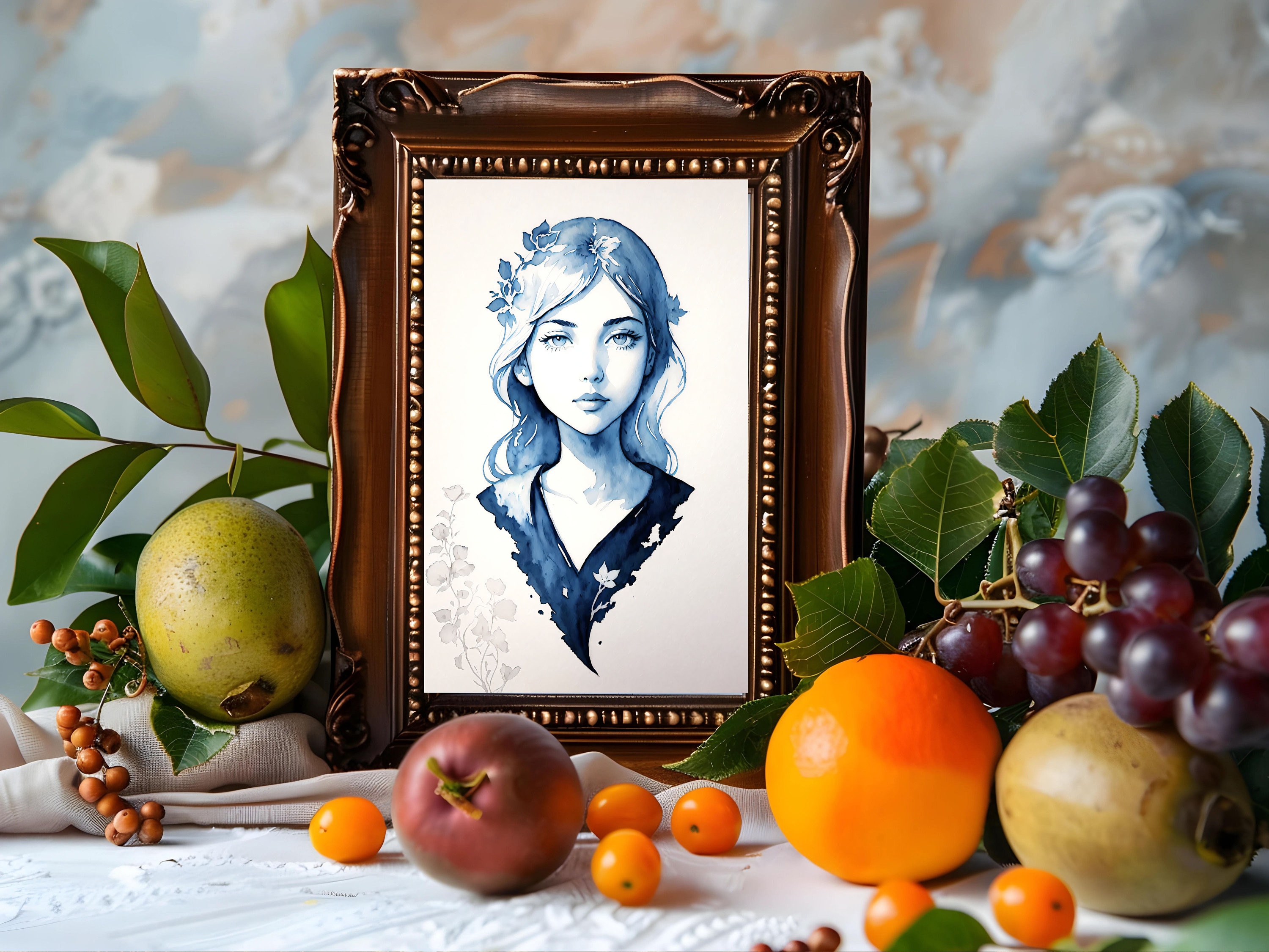 LADY in BLUE - Portrait Blue Watercolor Art Vertical - Digital Download ...