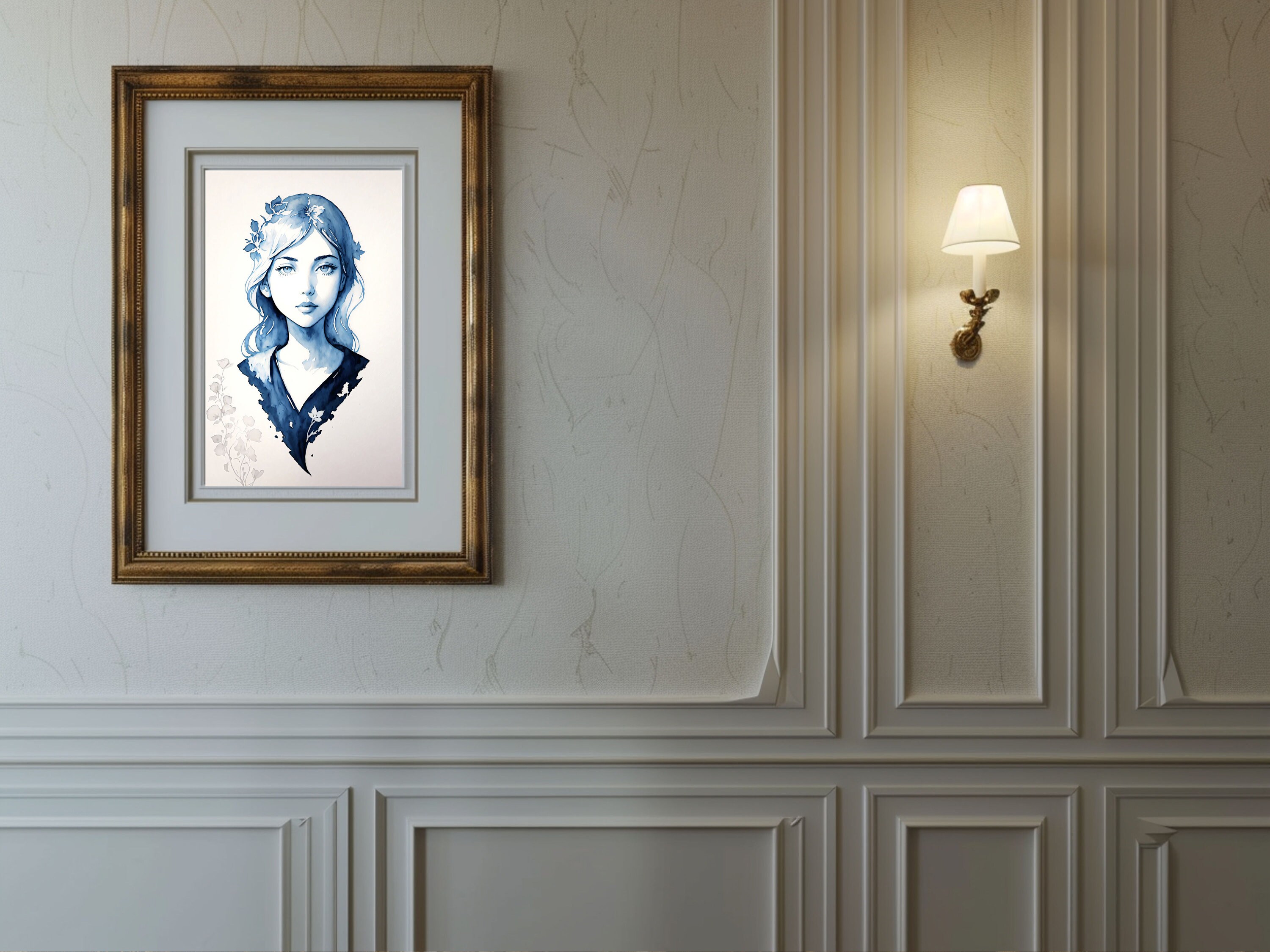 LADY in BLUE - Portrait Blue Watercolor Art Vertical - Digital Download ...