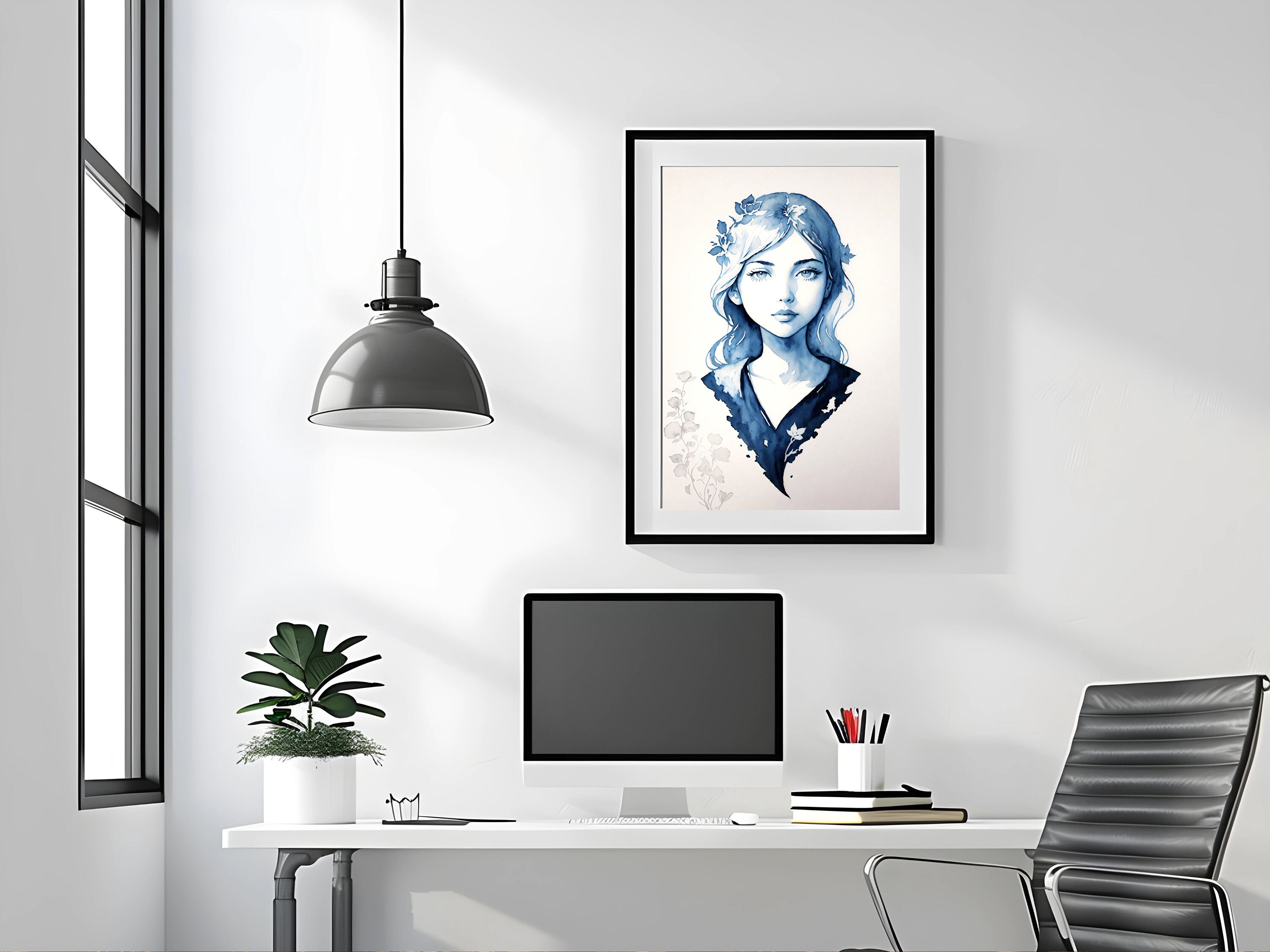 LADY in BLUE - Portrait Blue Watercolor Art Vertical - Digital Download ...