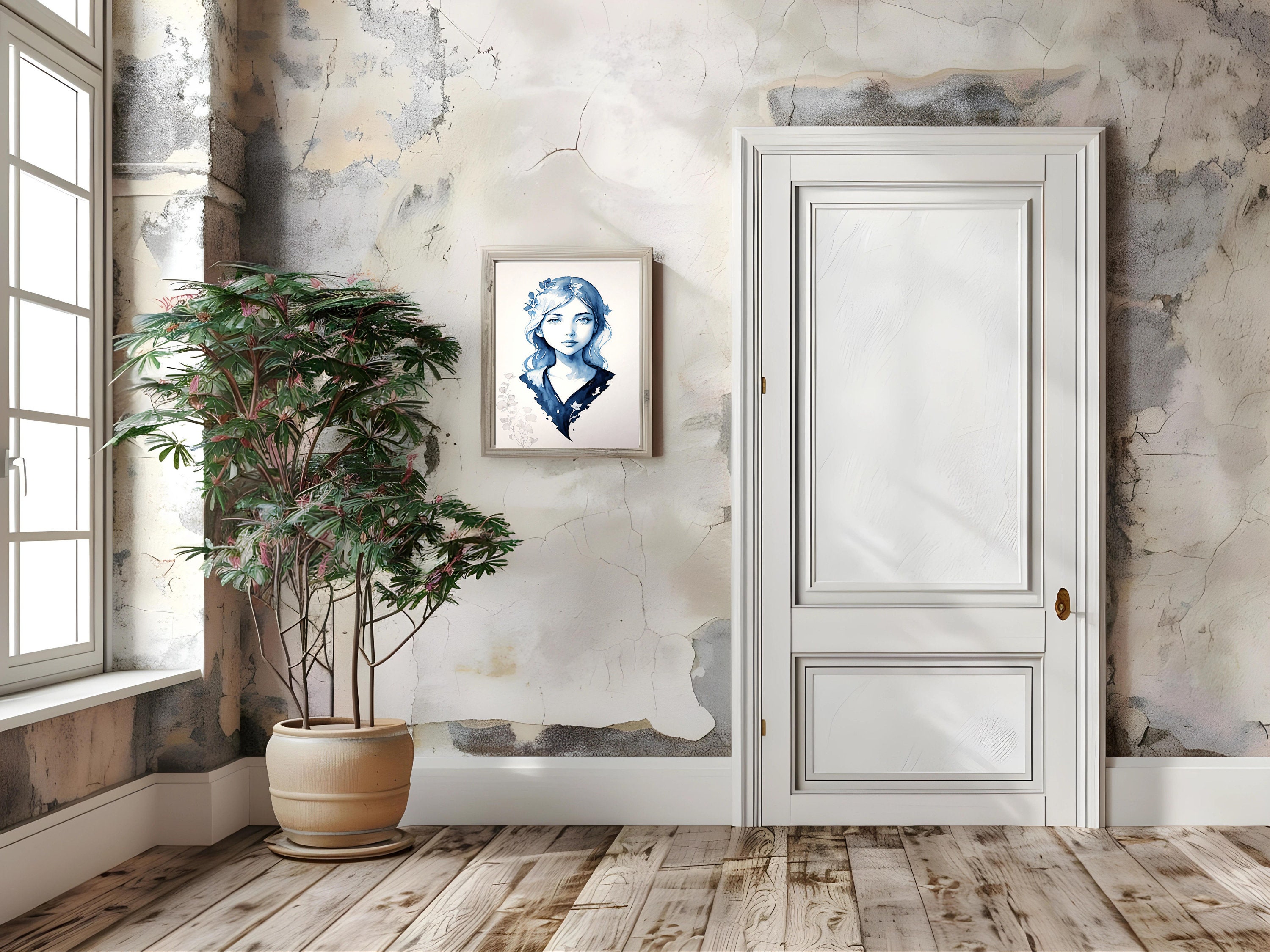 LADY in BLUE - Portrait Blue Watercolor Art Vertical - Digital Download ...