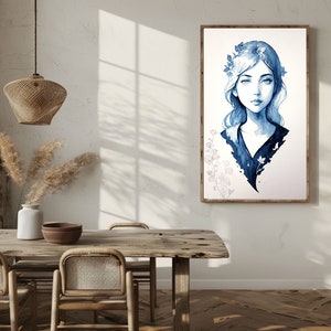 LADY in BLUE - Portrait Blue Watercolor Art Vertical - Digital Download ...