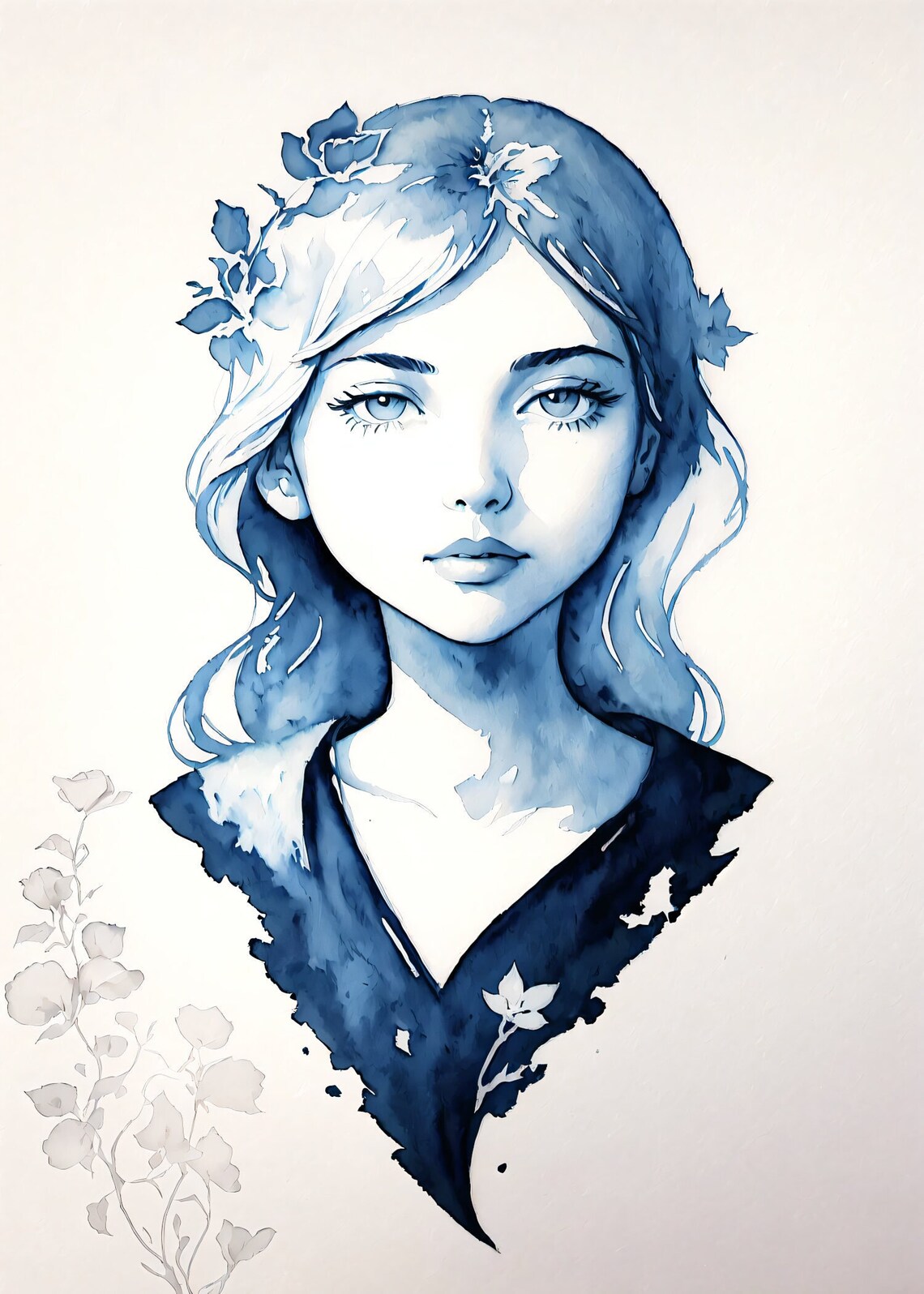 LADY in BLUE - Portrait Blue Watercolor Art Vertical - Digital Download ...