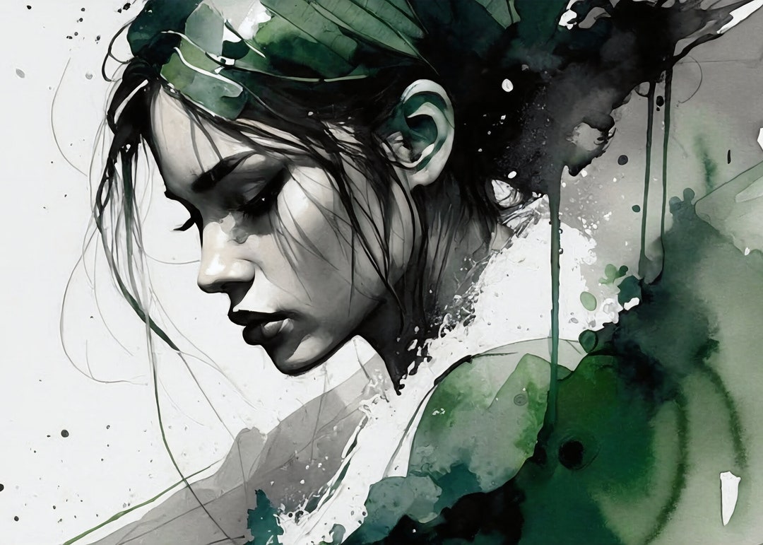 Abstract Watercolor Portrait of Woman With Green Hair and Droplets ...