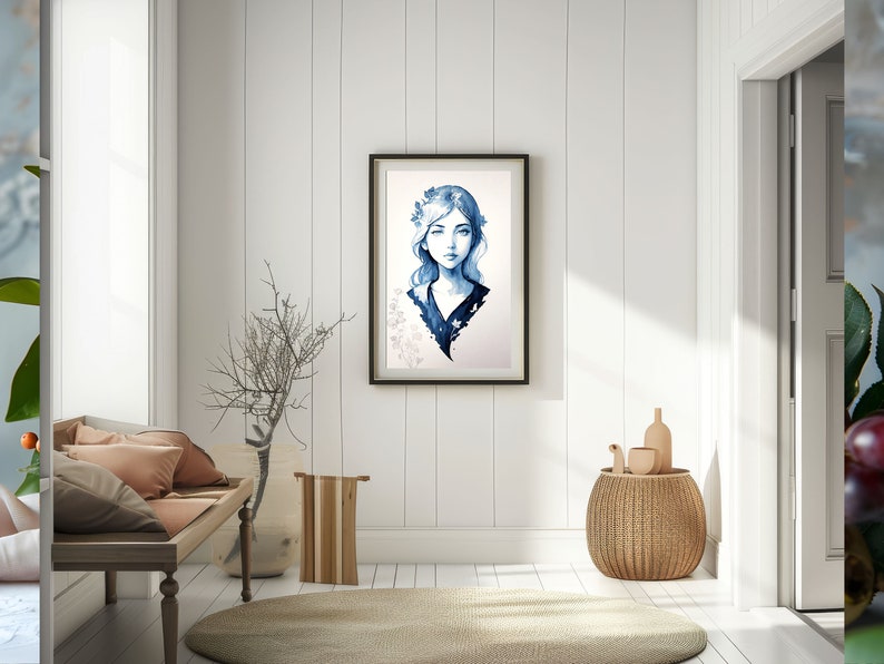 LADY in BLUE - Portrait Blue Watercolor Art Vertical - Digital Download ...